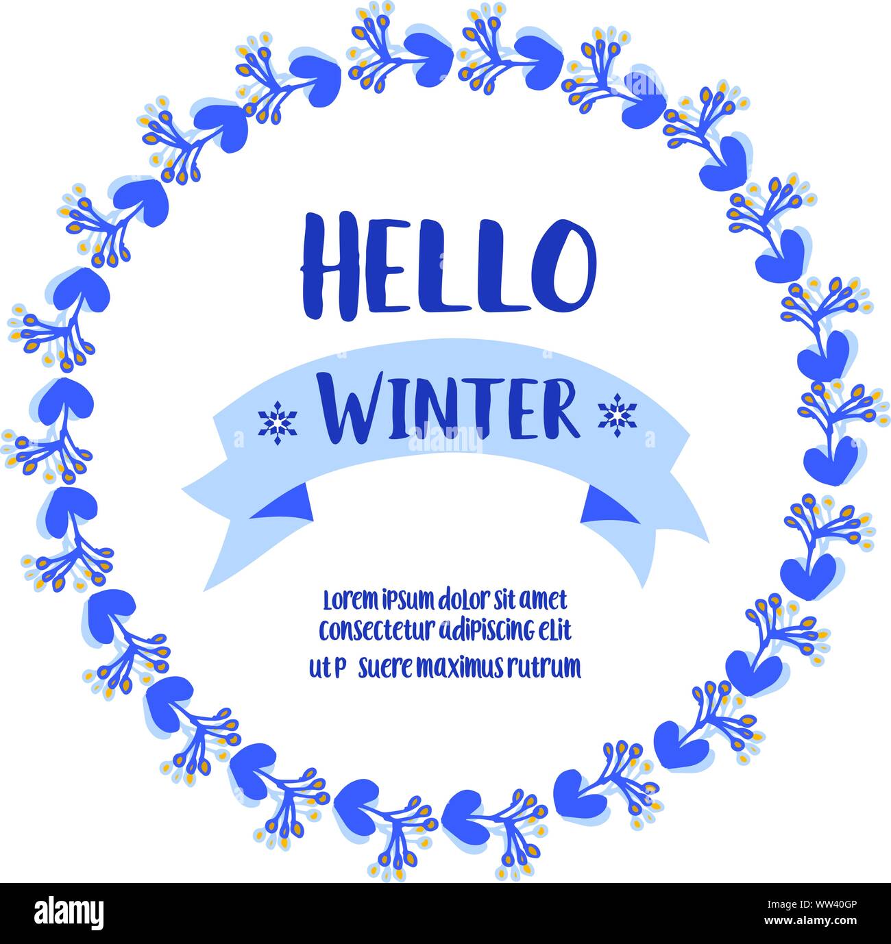 Hello winter background, with style of blue leafy flower frame. Vector ...