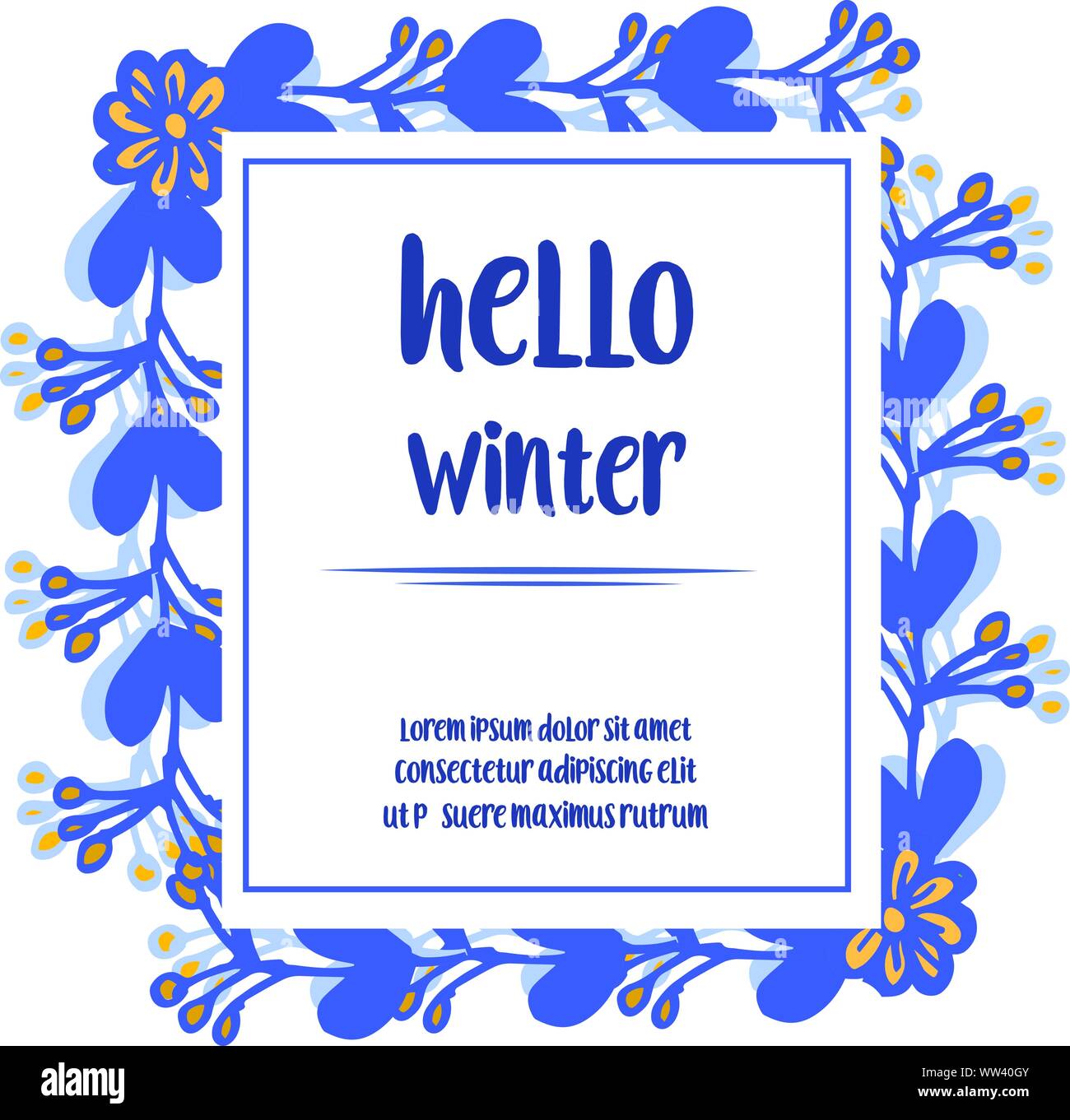 Handwritten lettering of hello winter with natural blue leaf flower ...