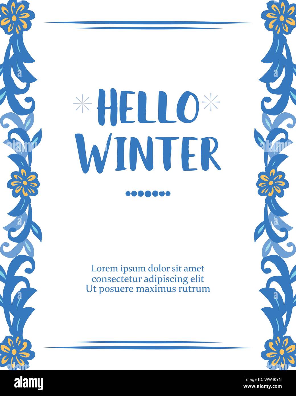 Ornate of greeting card hello winter, with cute blue leaf flower frame ...