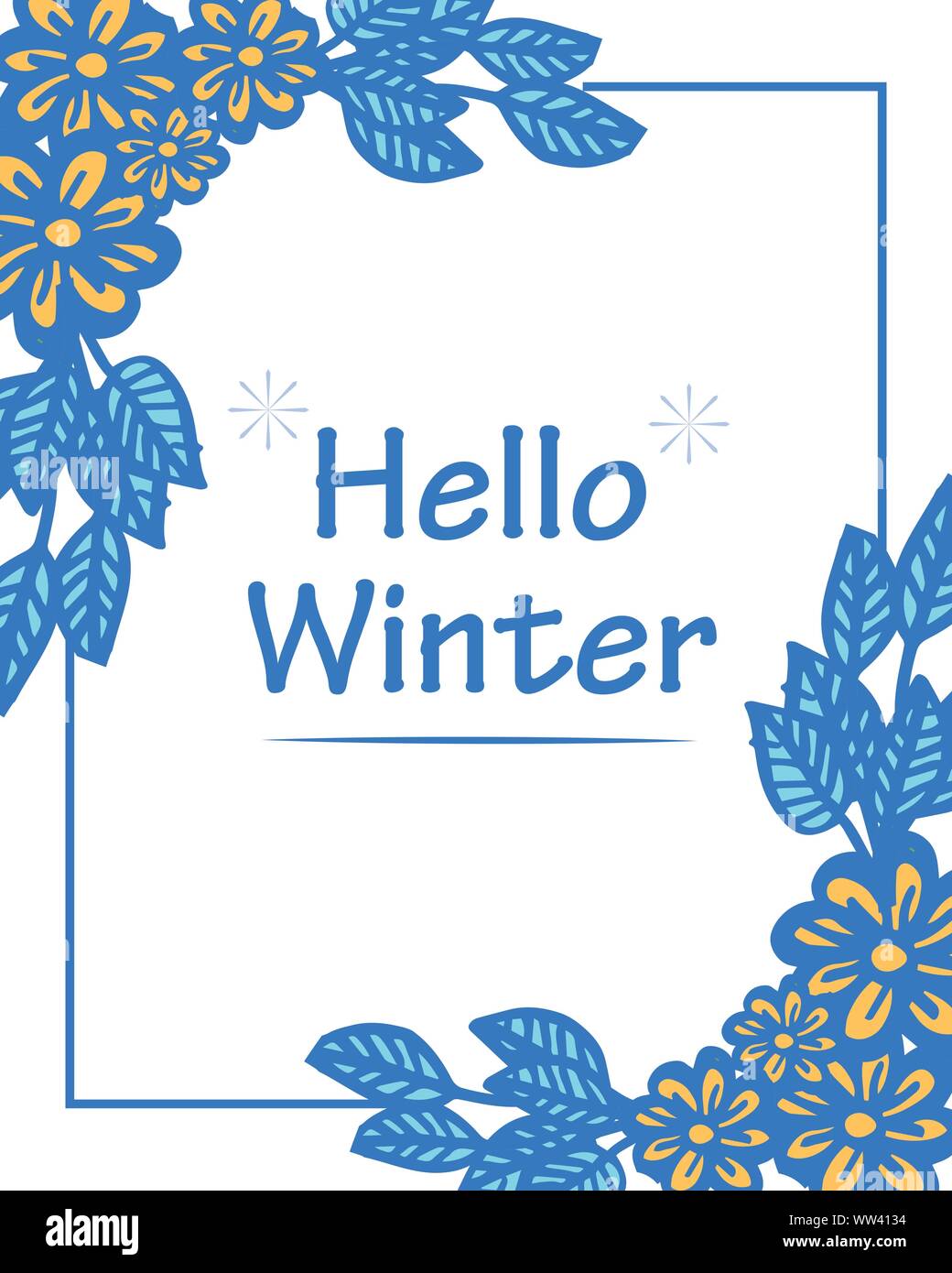 White background for text hello winter with pattern of blue leaves and ...