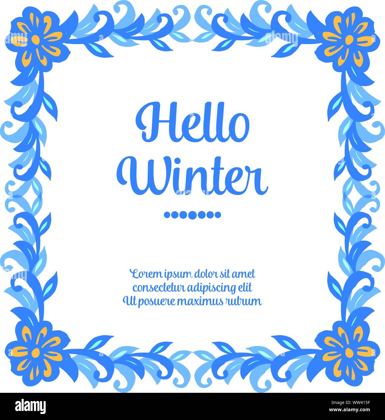 Hello winter card with beauty of abstract blue leafy floral frame ...