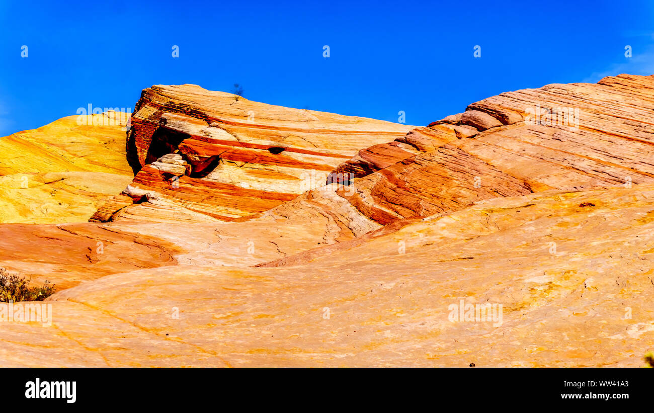 The colorful red, yellow and white banded rock formations of the Fire ...