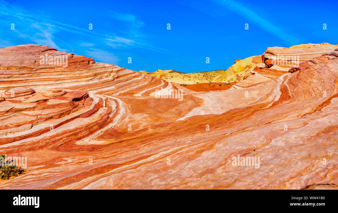 The colorful red, yellow and white banded rock formations of the Fire ...