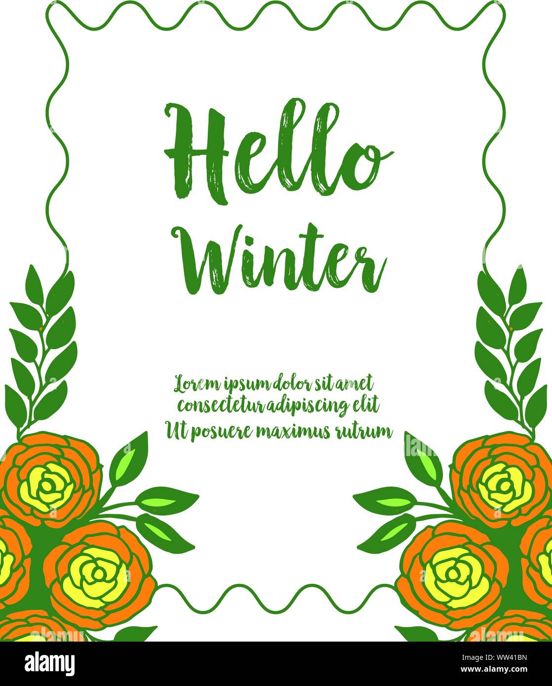 Hello winter card with cute colorful rose flower frame. Vector Stock ...