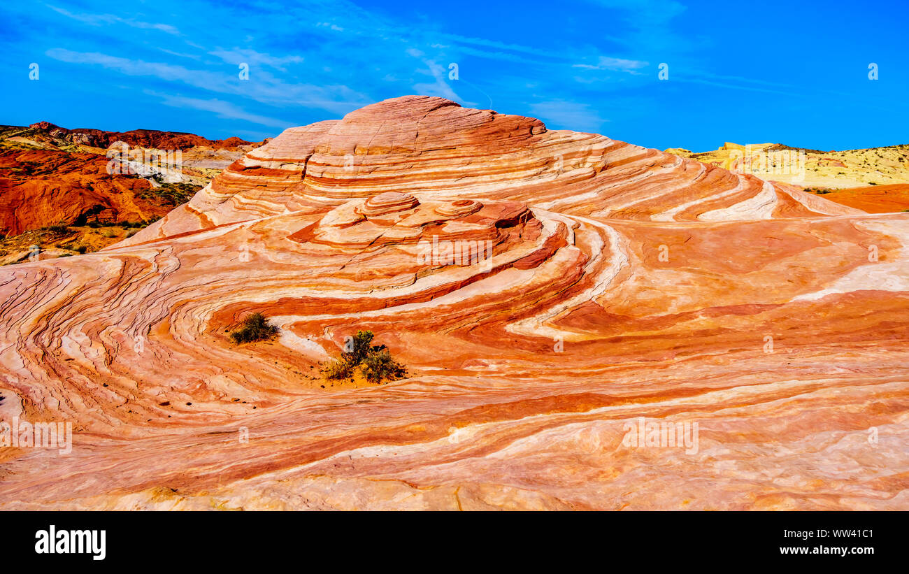 The colorful red, yellow and white banded rock formations of the Fire ...