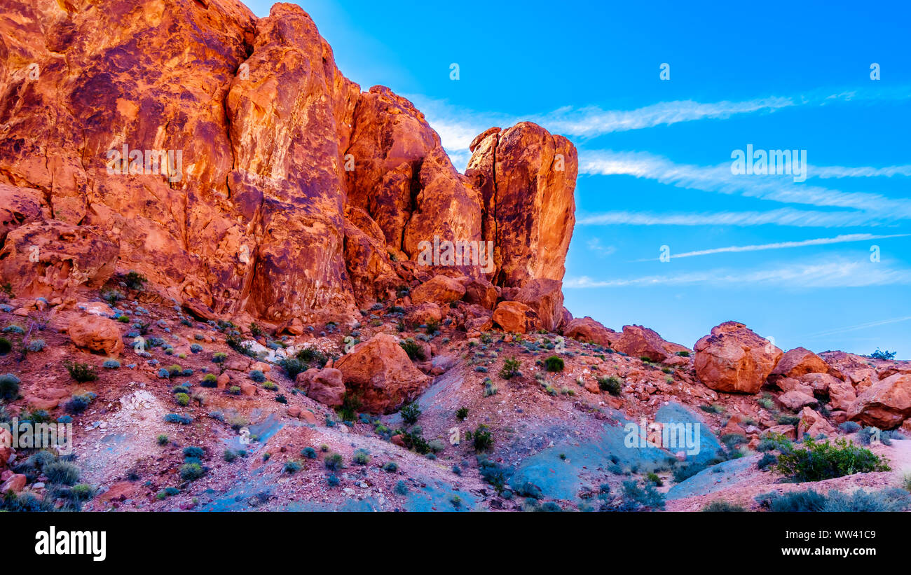 The colorful red, yellow and white banded rock formations along the ...