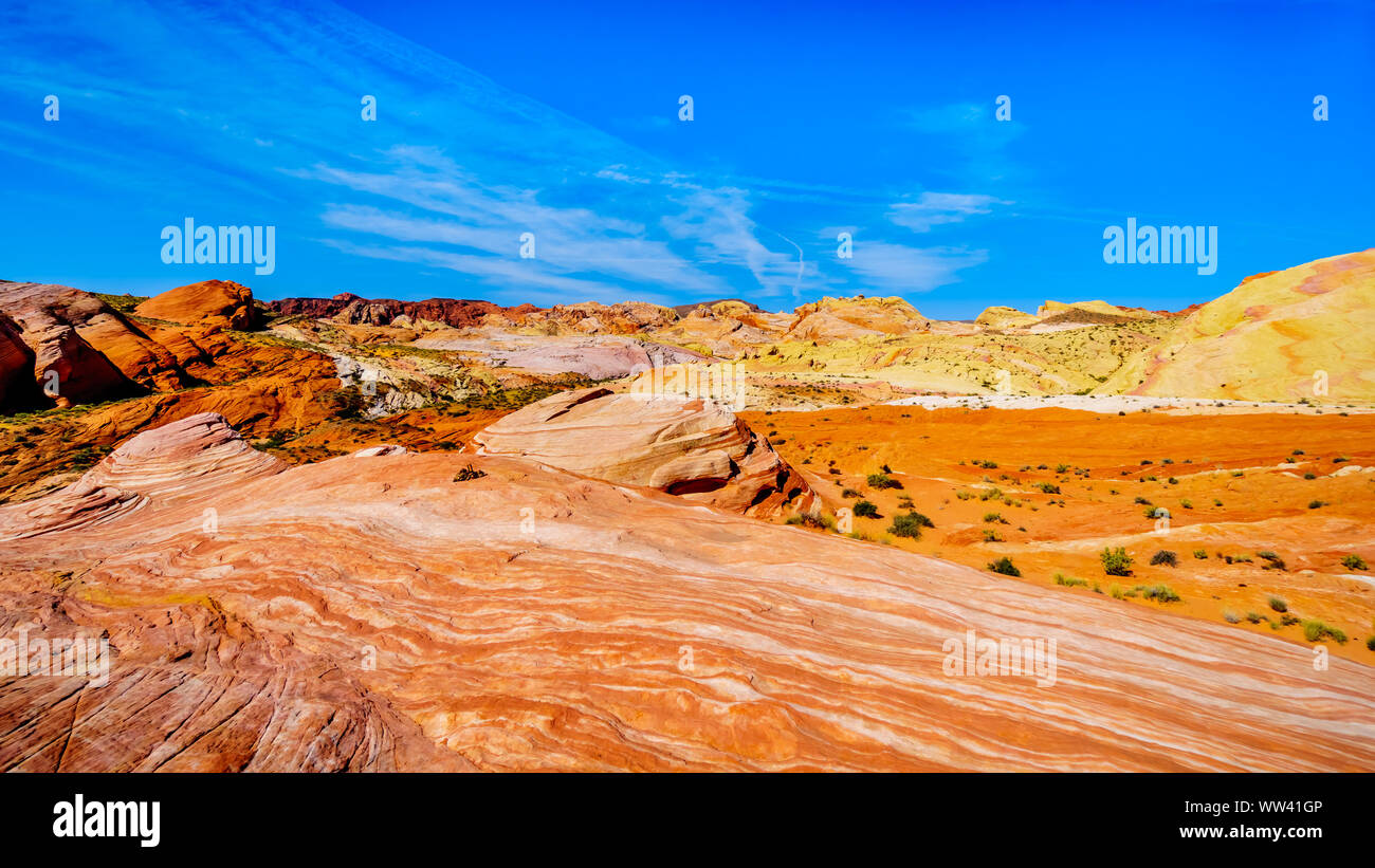 The colorful red, yellow and white banded rock formations of the Fire ...