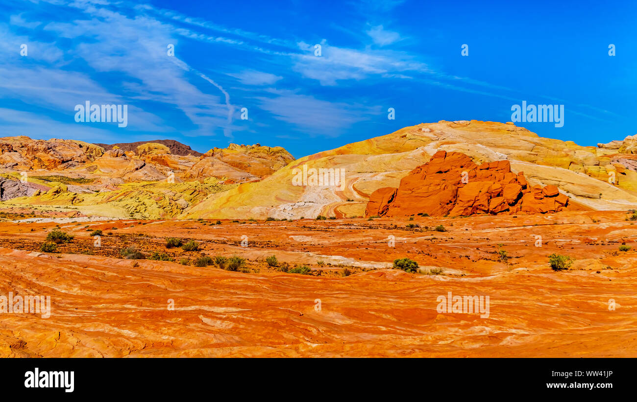 The colorful red, yellow and white banded rock formations of the Fire ...