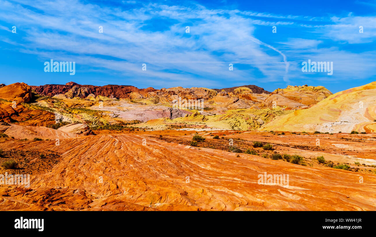 The colorful red, yellow and white banded rock formations of the Fire ...