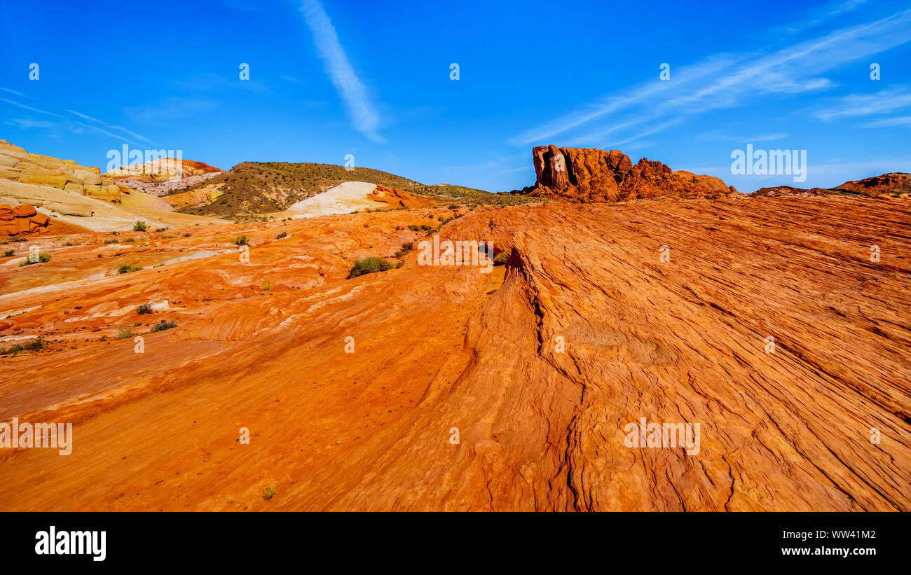 The colorful red, yellow and white banded rock formations of the Fire ...