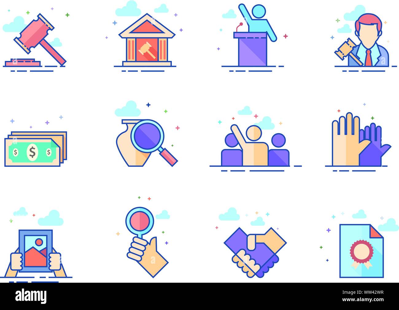 Auction icons in flat color style. Bidding, auctioneer. Vector ...