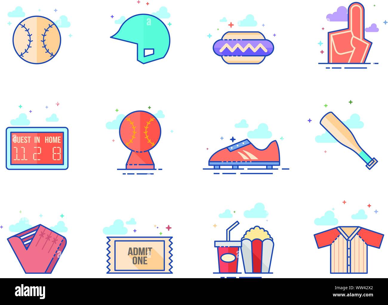 Baseball related icon series in flat color style. Vector illustration ...