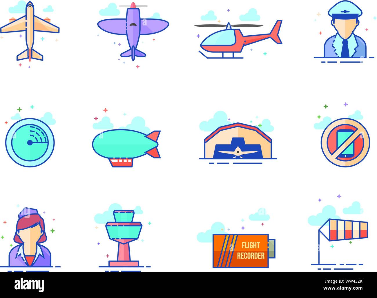 Aviation icons in flat color style. Vector illustration Stock Vector ...