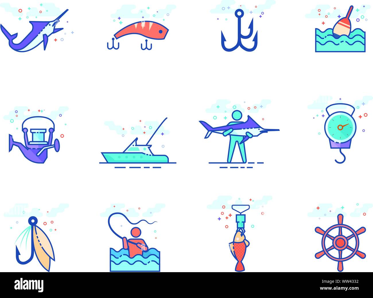 Fishing icons in flat color style. Vector illustration Stock Vector ...
