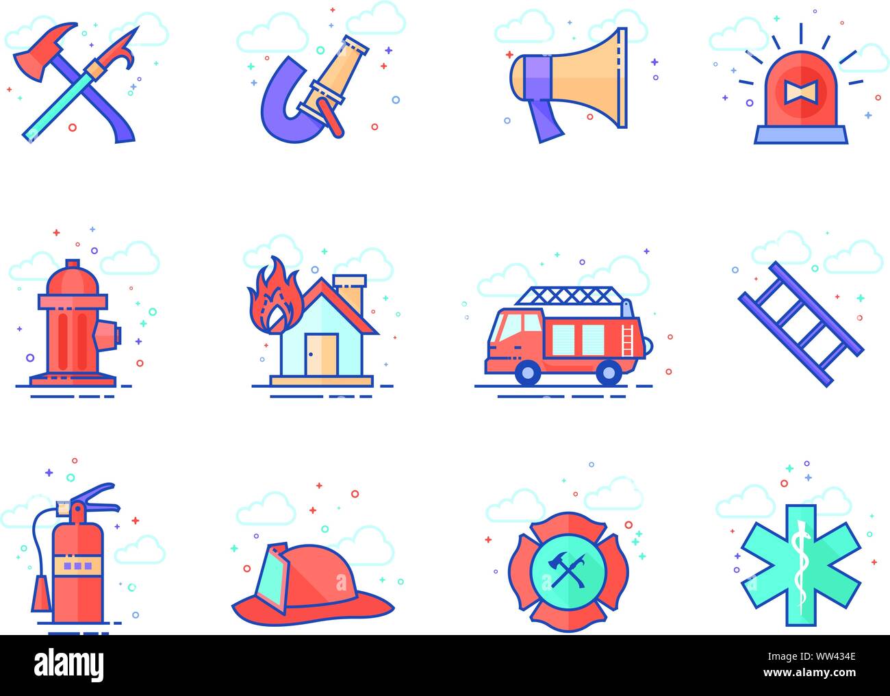 Fire fighter icons in flat color style. Vector illustration Stock ...