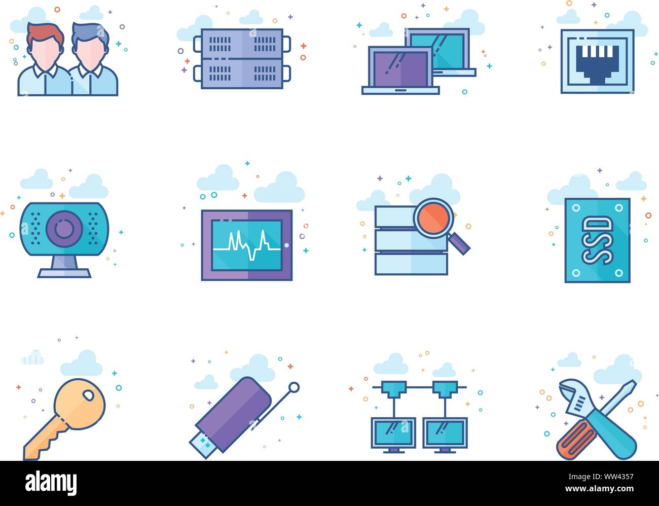 Computer network icon series in flat color style. Vector illustration ...