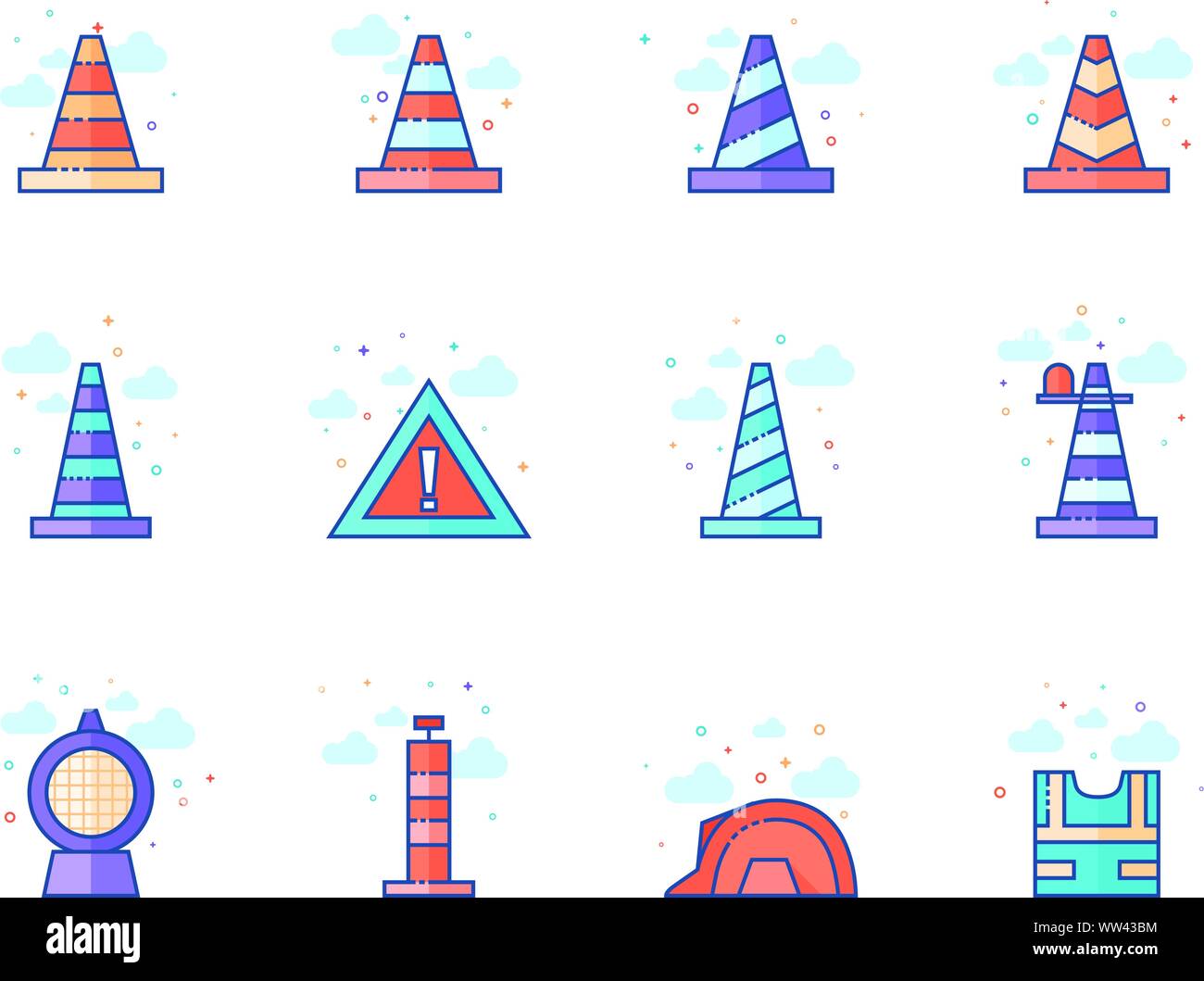 Traffic warning sign icon series in flat color style. Vector ...