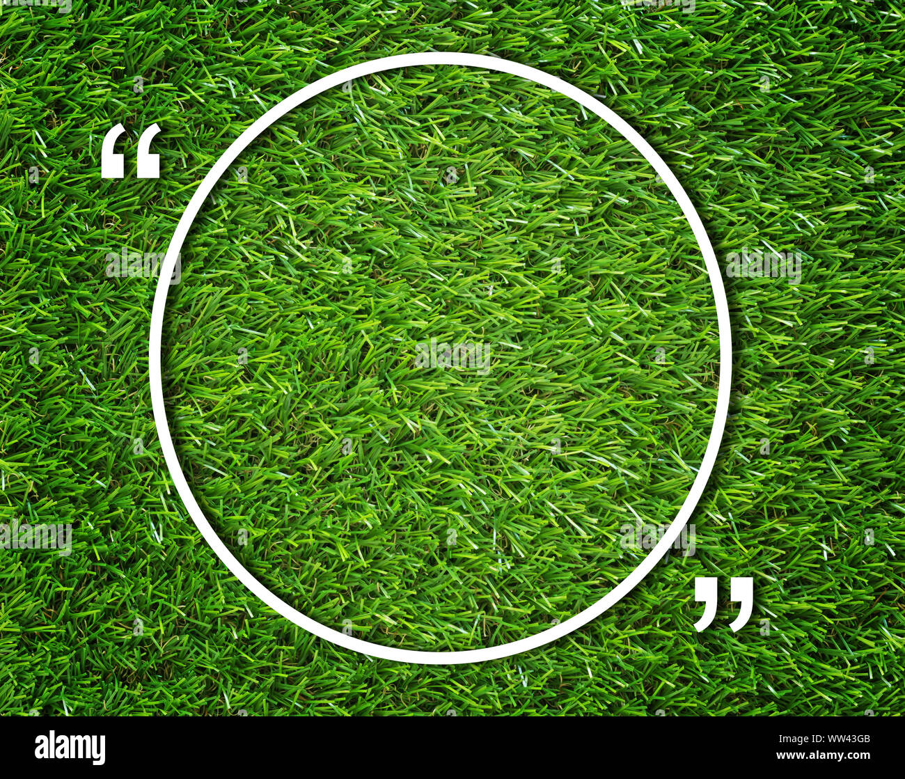 Round text box and quotation mark on green grass background ...