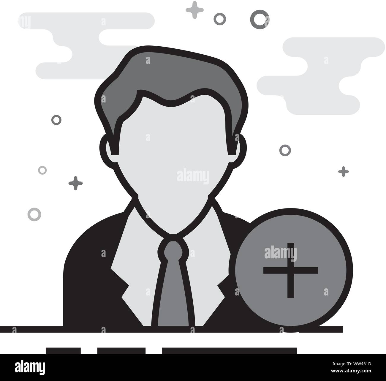 Businessman with plus sign icon in flat outlined grayscale style ...