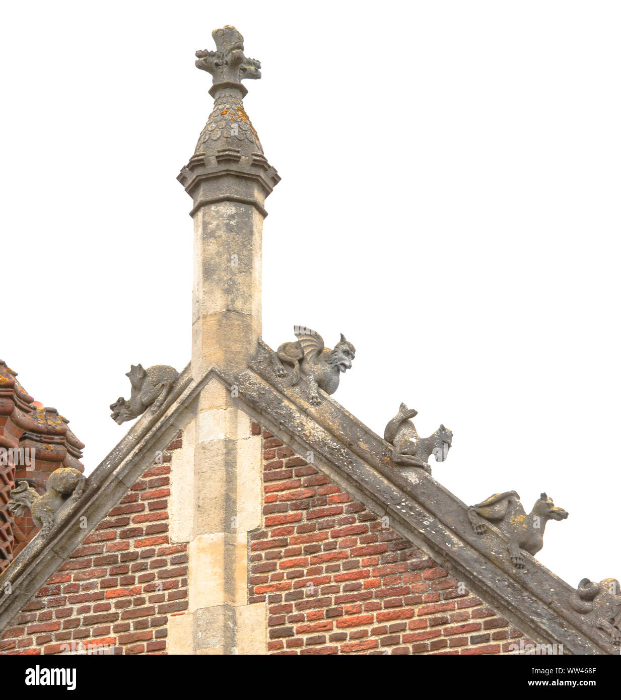 Carved heraldic beasts and mythological creatures on the roof line of ...