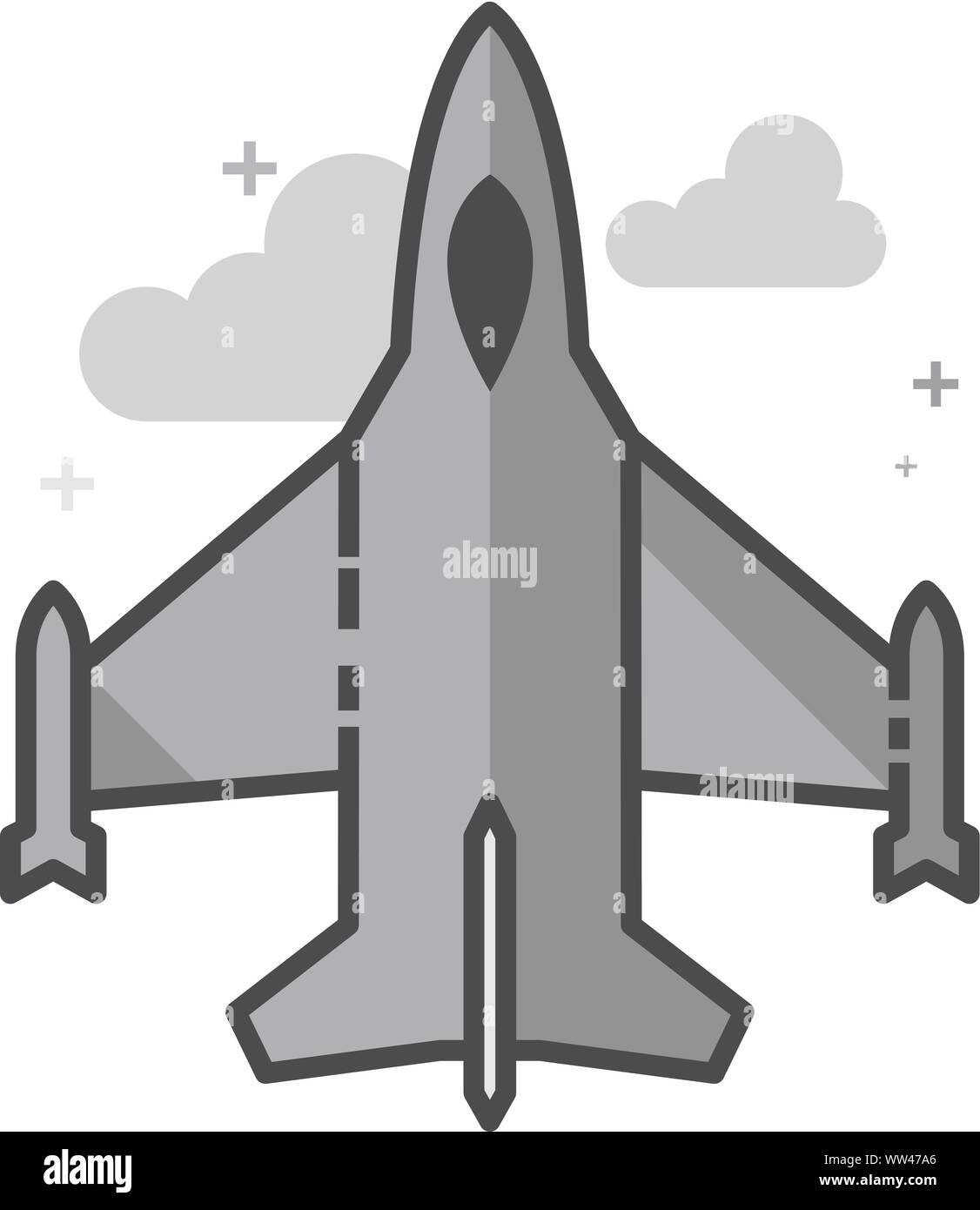 Fighter jet icon in flat outlined grayscale style. Vector illustration ...