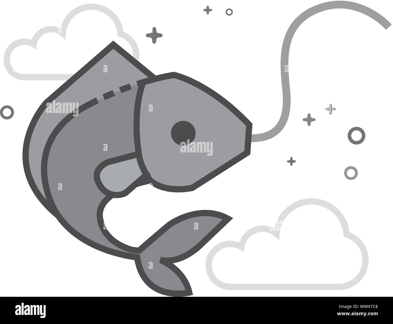 Hooked fish icon in flat outlined grayscale style. Vector illustration ...