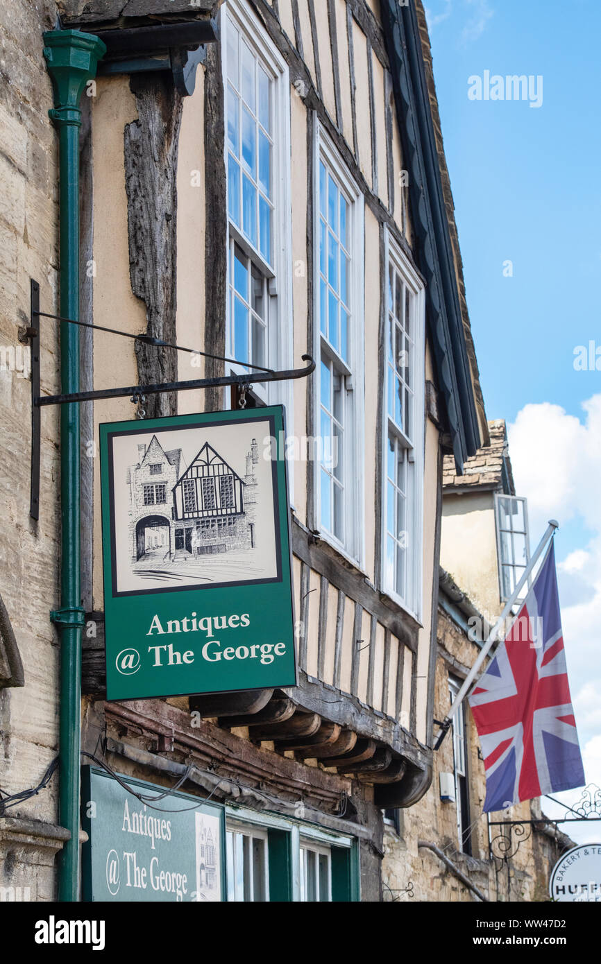The George Antiques Centre timber framed building exterior and sign in ...