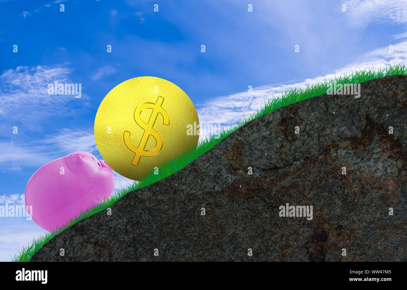 Challenge concept, pink pig and gold coin on mountain background Stock ...