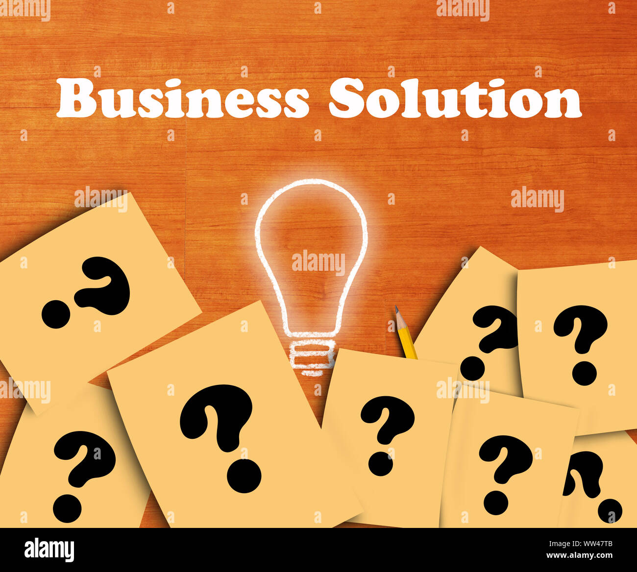 Business solution, problem concept, yellow paper ,pencil and light bulb ...
