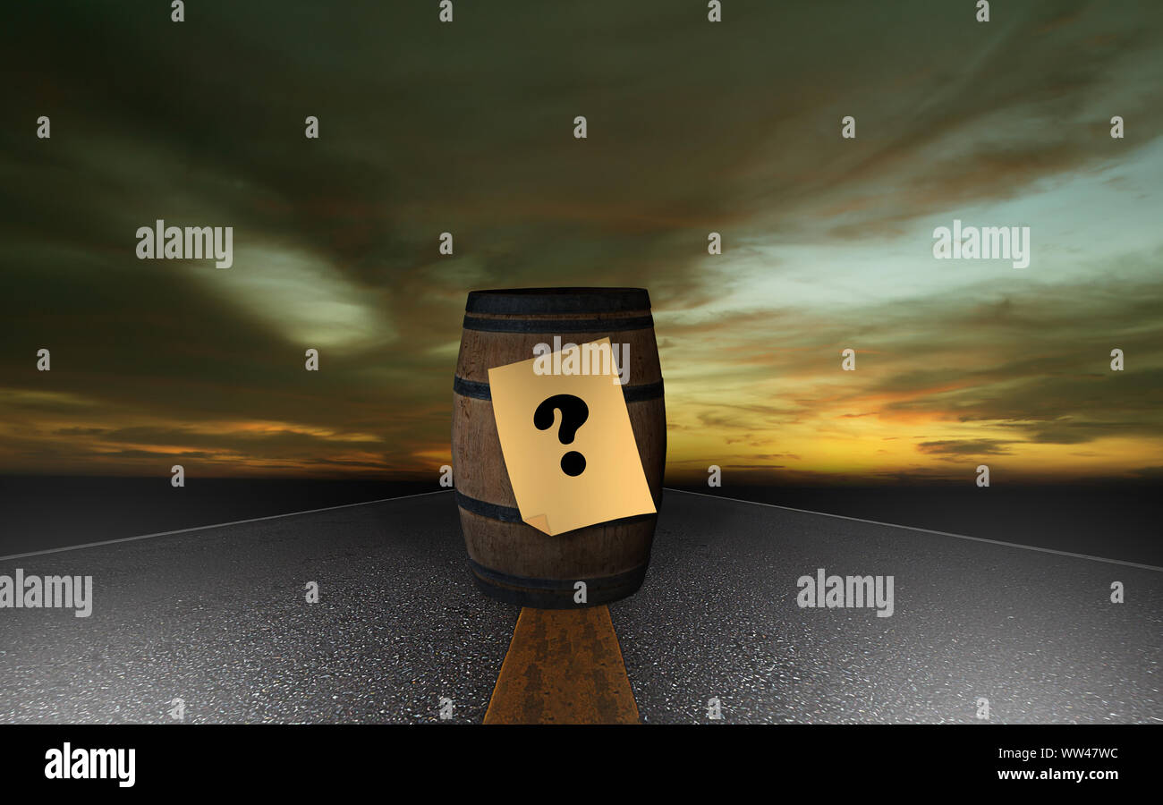 Business solution, problem concept, barrel on night road with copy ...