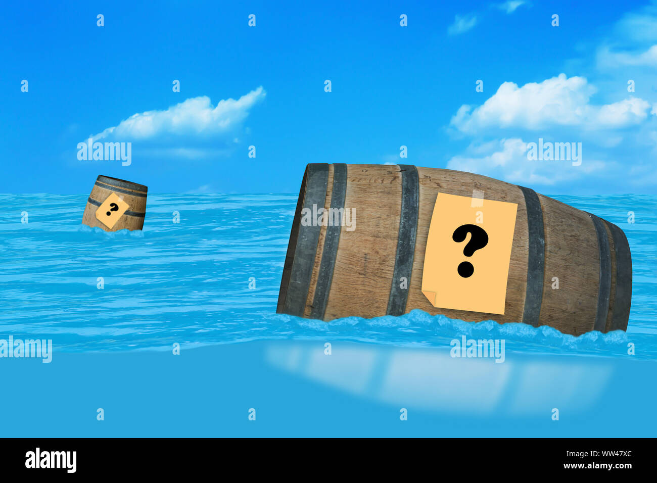 Business solution, problem concept, floating barrel on the sea with ...