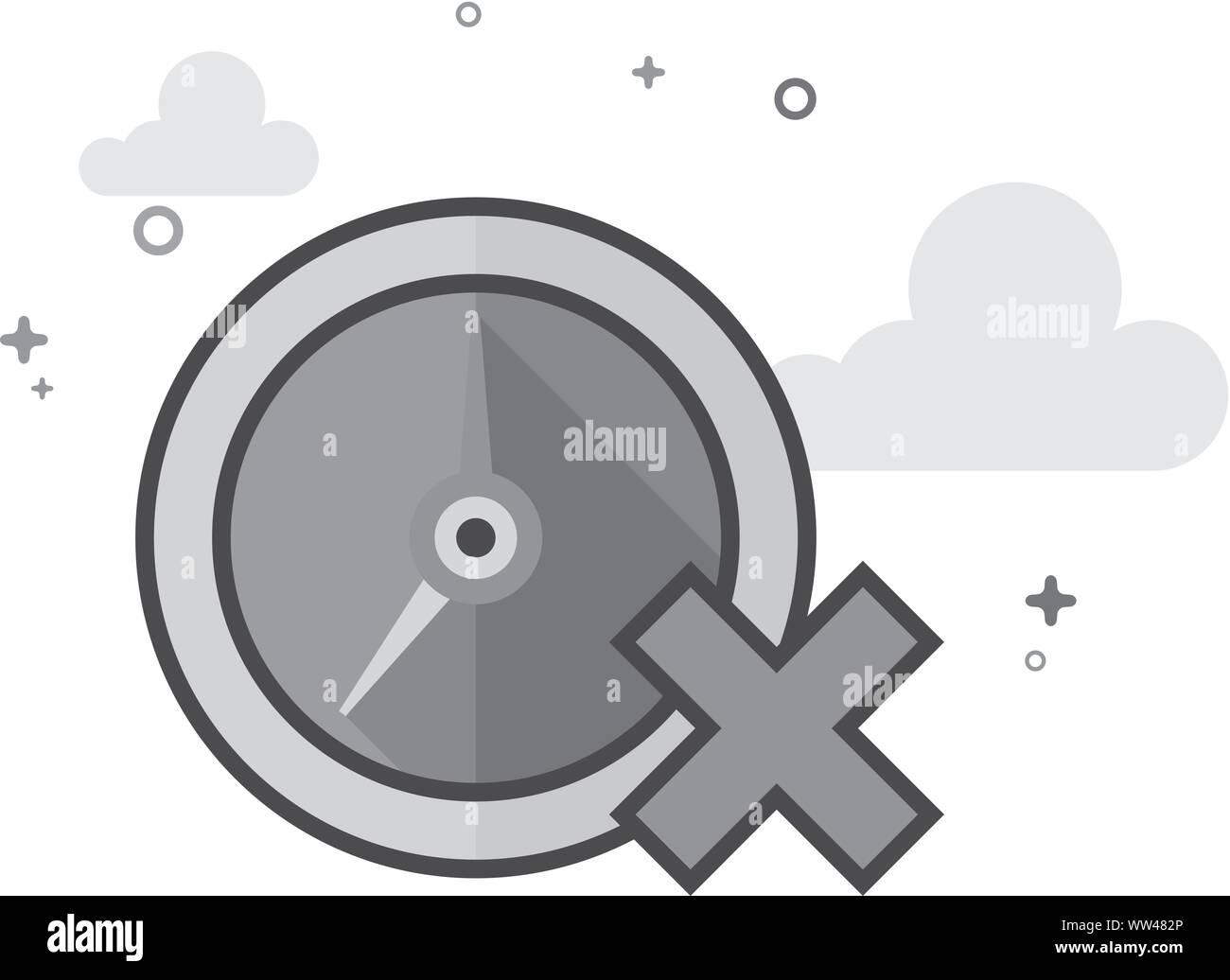 Clock with cross sign icon in flat outlined grayscale style. Vector ...