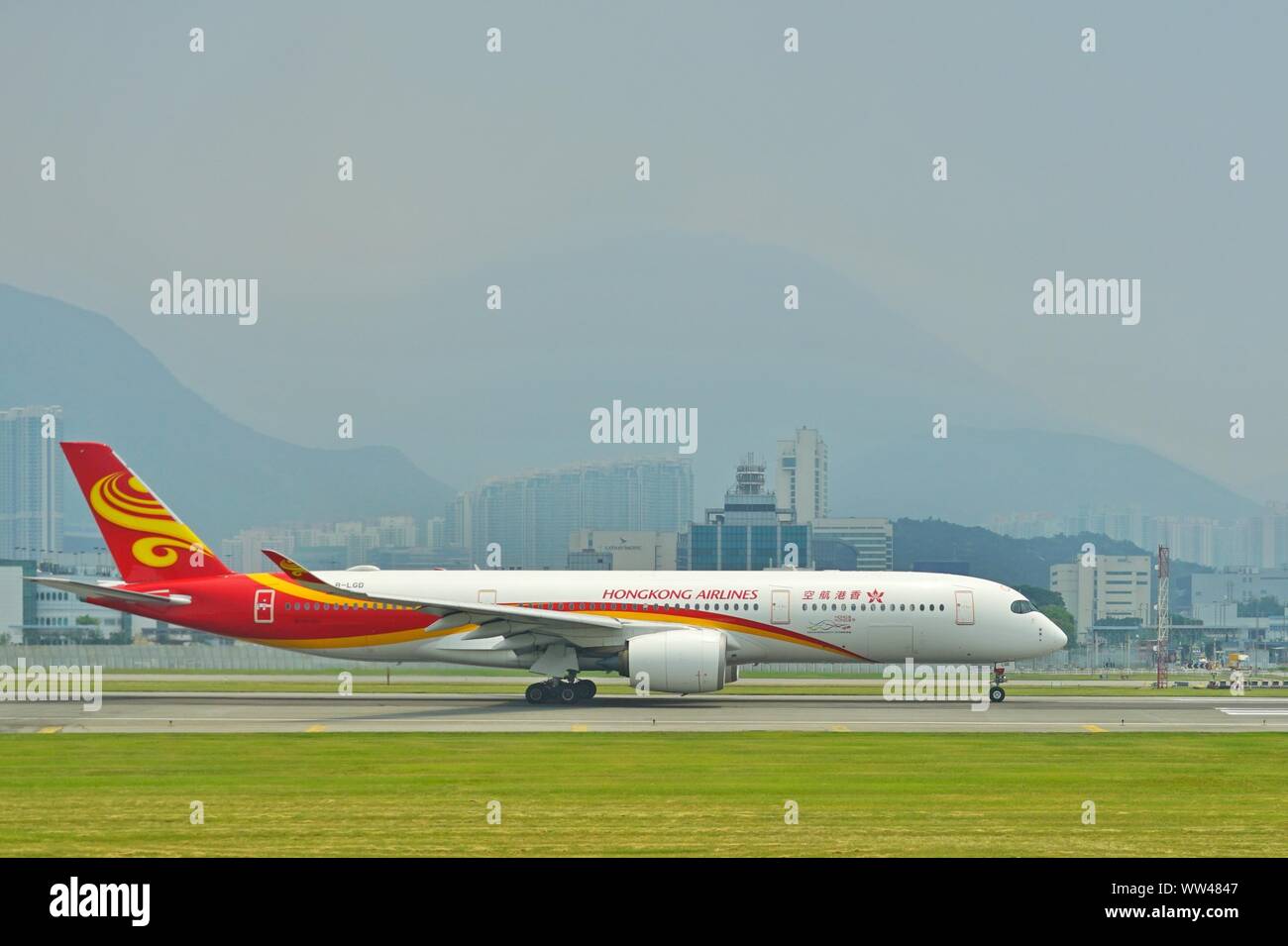 HONG KONG -18 JUL 2019- View of an Airbus A350-900 airplane from Hong ...