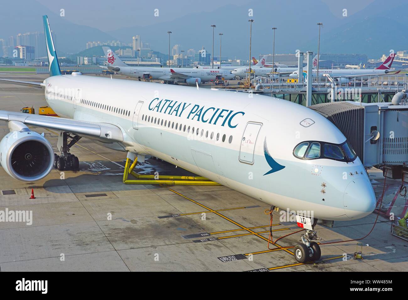 HONG KONG -18 JUL 2019- View of an Airbus A350 airplane from Cathay ...