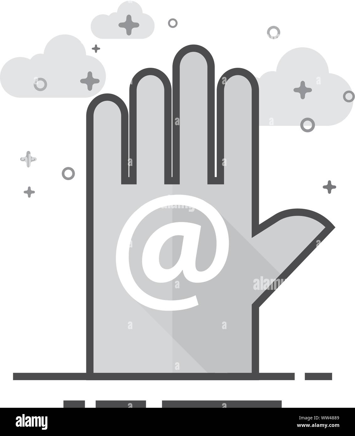 Hand with email icon in flat outlined grayscale style. Vector ...