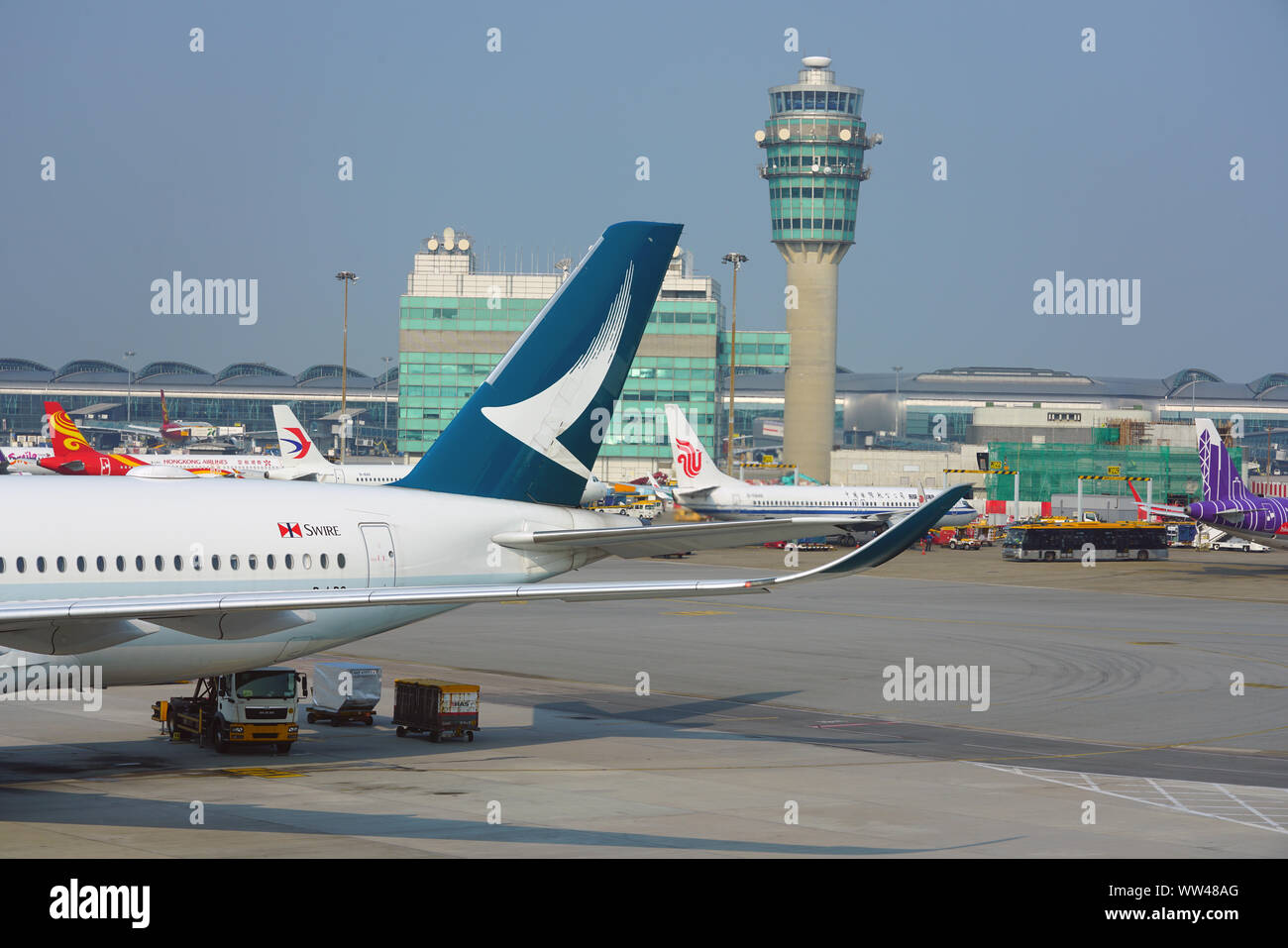 HONG KONG -18 JUL 2019- View of airplanes from Cathay Pacific (CX) at ...