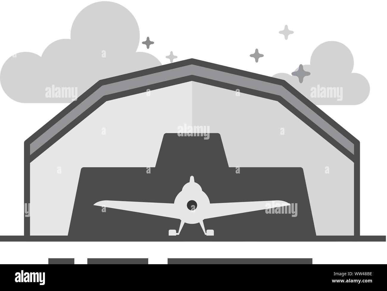 Airplane hangar icon in flat outlined grayscale style. Vector ...