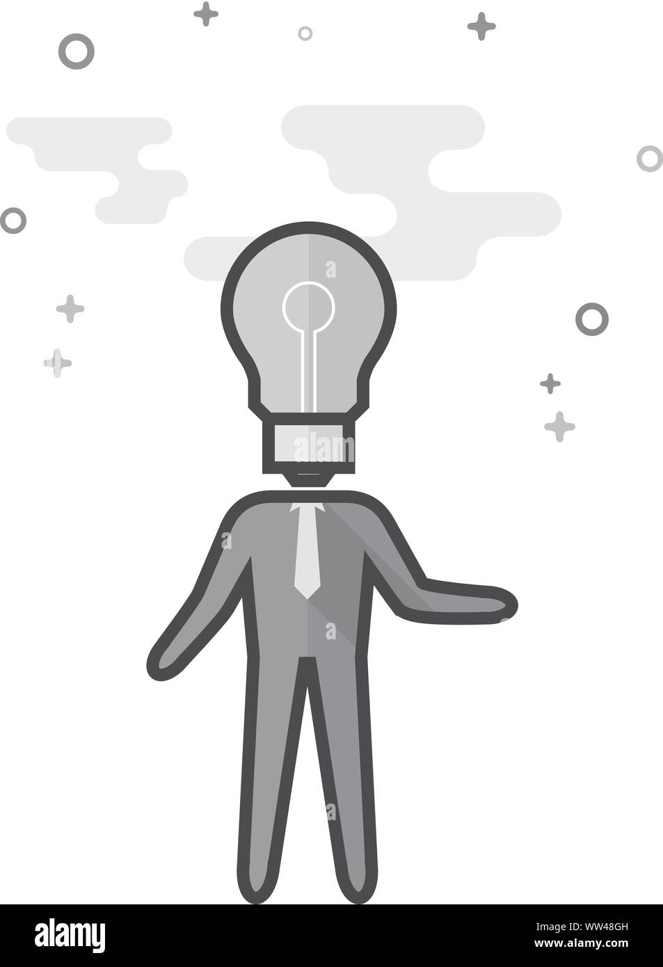 Light bulb head icon in flat outlined grayscale style. Vector ...