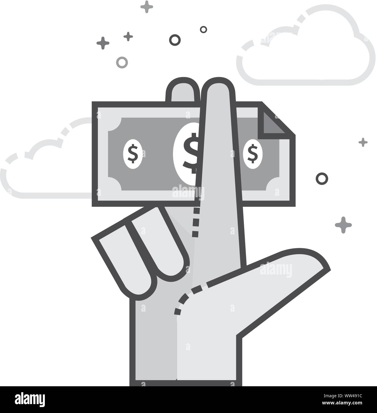 Hand holding money icon in flat outlined grayscale style. Vector ...