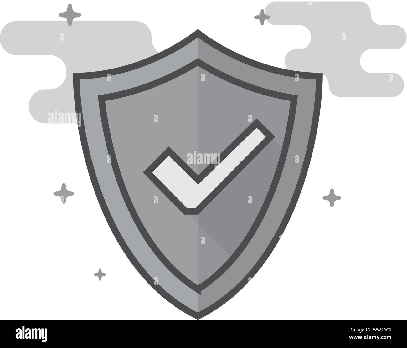 Shield icon with checkmark in flat outlined grayscale style. Vector ...