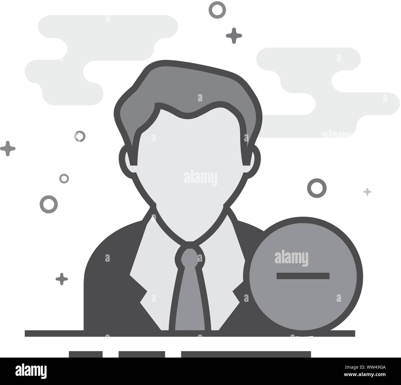 Businessman with minus sign icon in flat outlined grayscale style ...