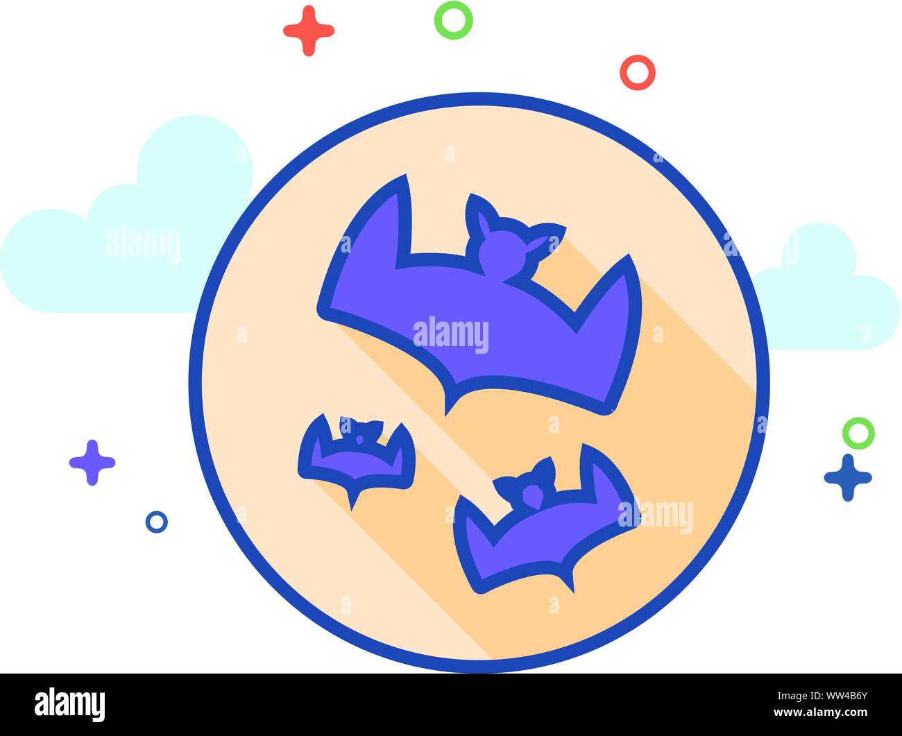 Bats and moon icon in outlined flat color style. Vector illustration ...