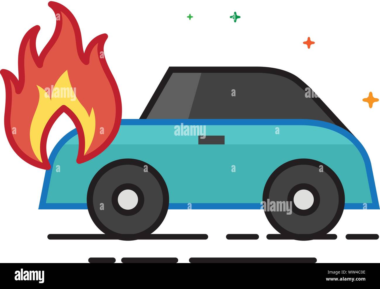 Car on fire icon in outlined flat color style. Vector illustration ...
