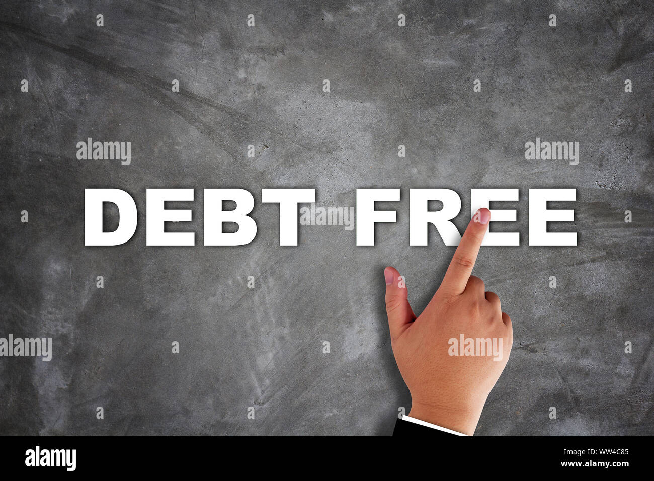 Debt free concept, financial crisis, hand and text background Stock ...