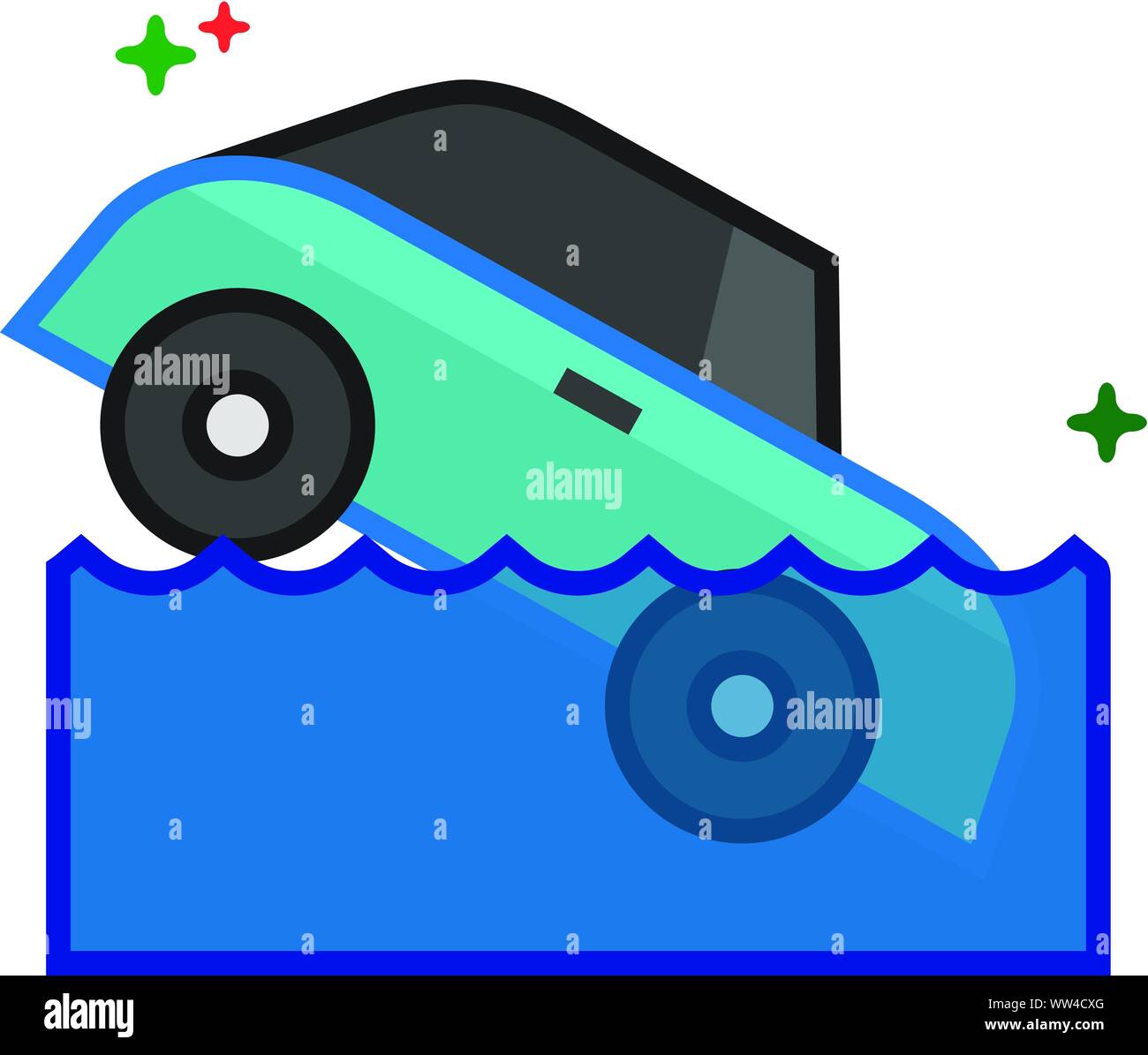 Drowned car icon in outlined flat color style. Vector illustration ...