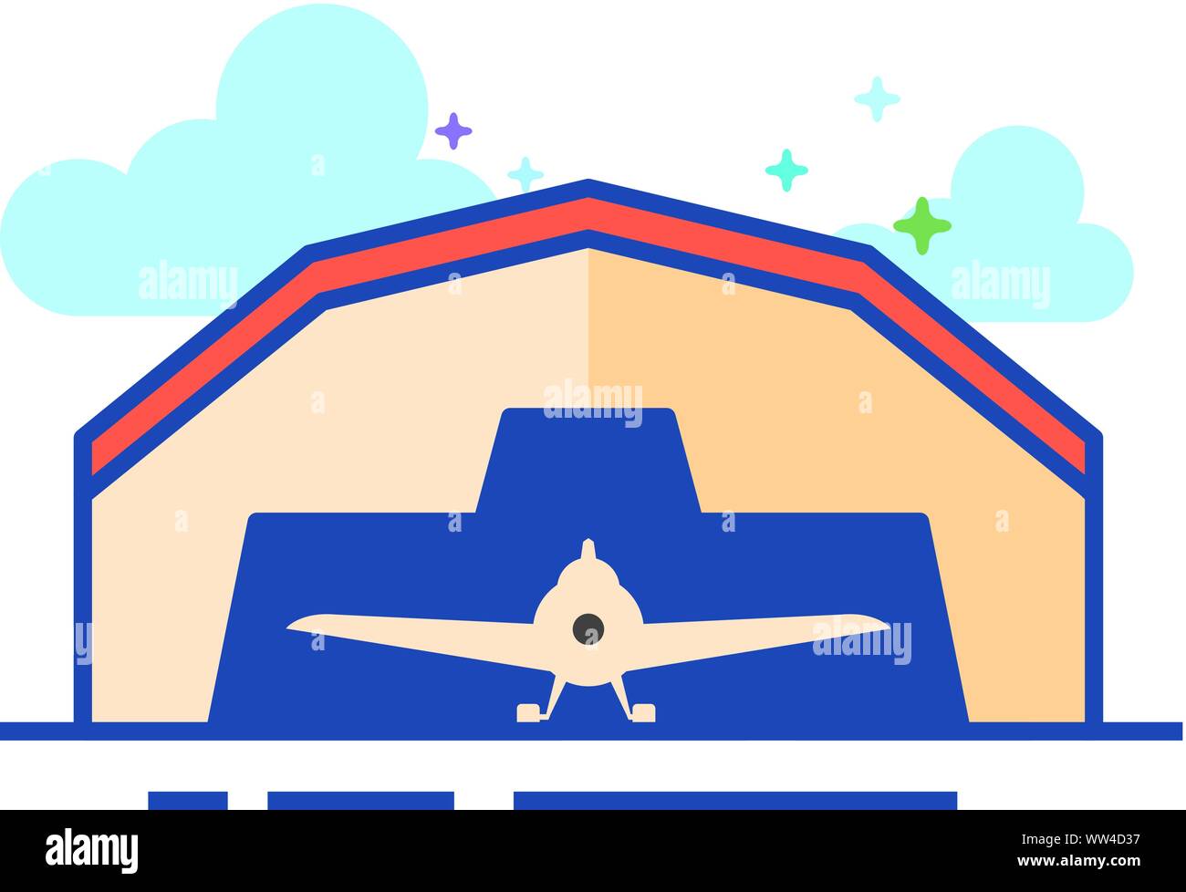 Airplane hangar icon in outlined flat color style. Vector illustration ...