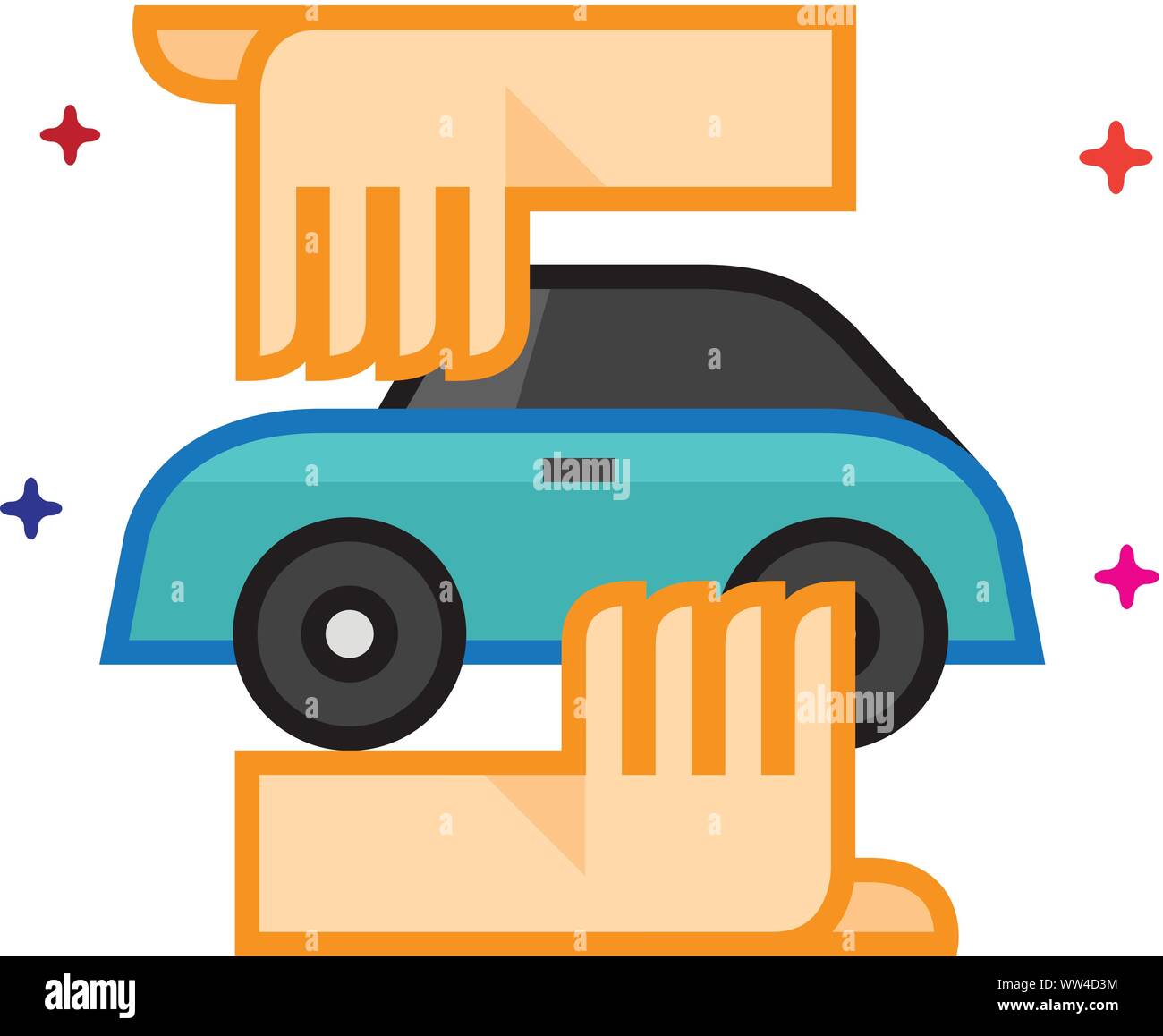 Hand holding car icon in outlined flat color style. Vector illustration ...