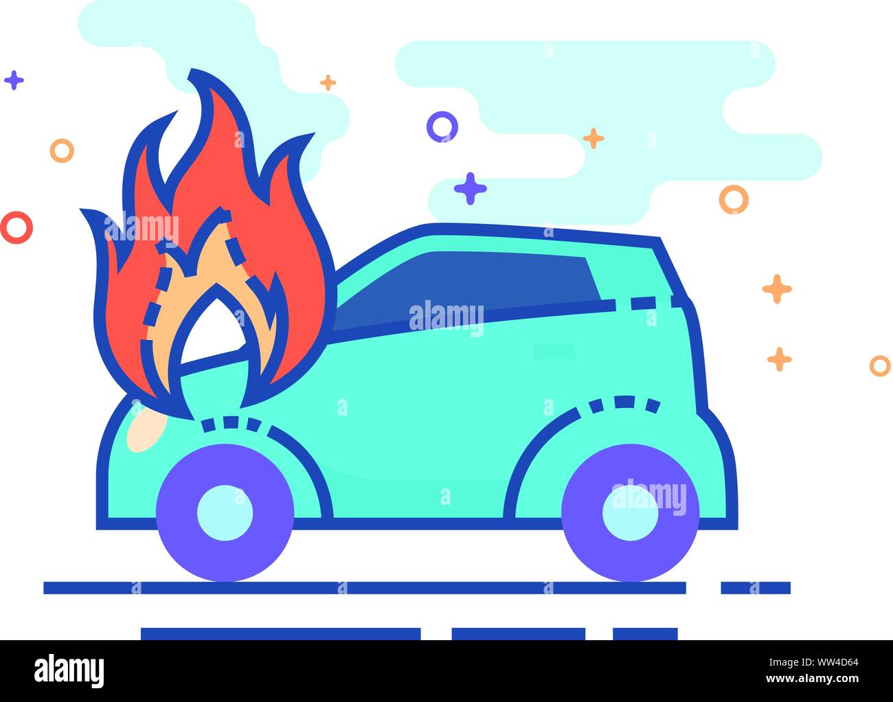 Car on fire icon in outlined flat color style. Vector illustration ...