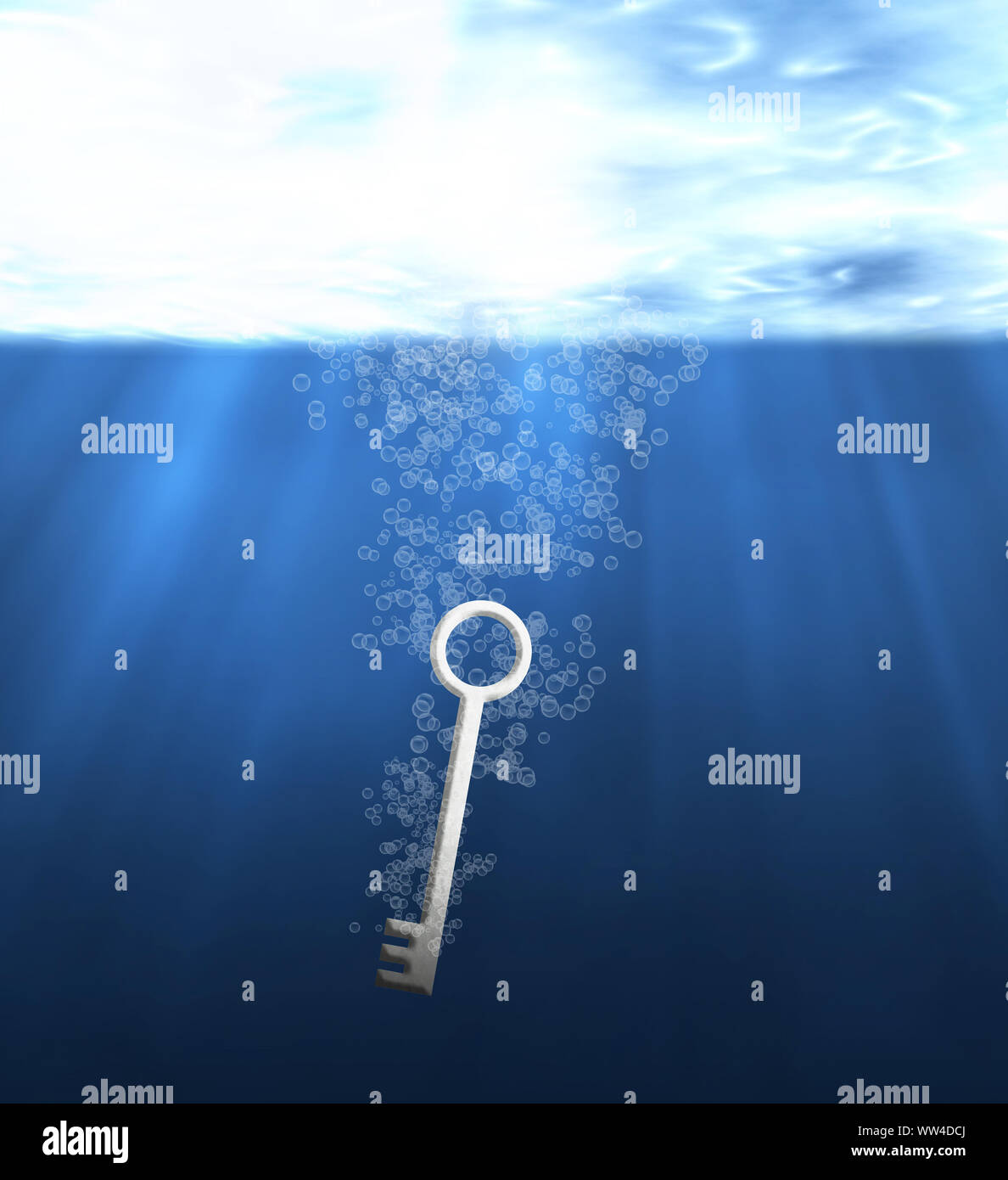 Business failure, problem concept, drowning white key in the blue water ...