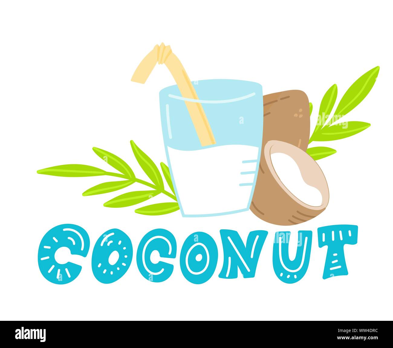 Coconut milk hand drawn lettering. Glass with milk and milk splash ...
